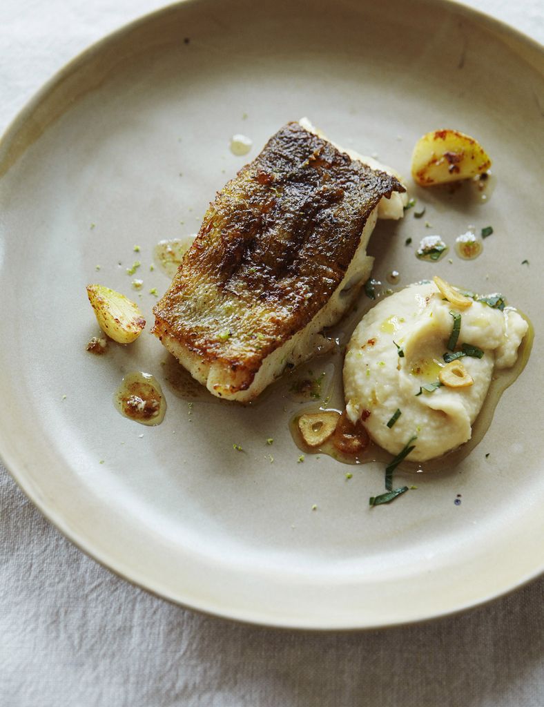 Pan-Fried Cod Loin with White Bean Purée & Garlic Crisps from French ...